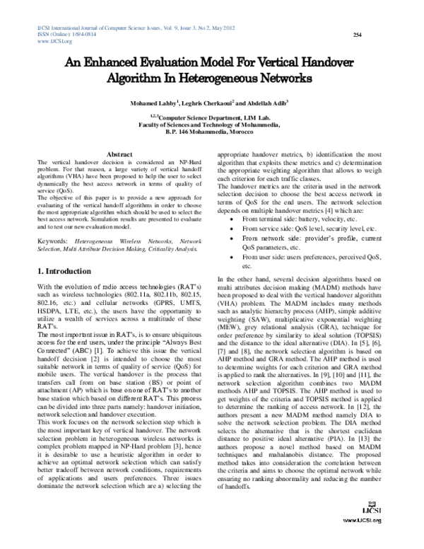 Pdf An Enhanced Evaluation Model For Vertical Handover Algorithm