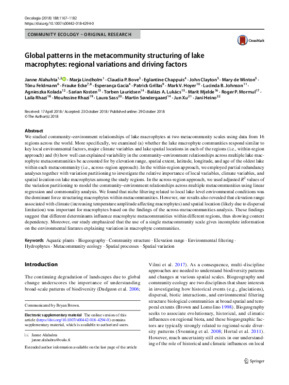 Pdf Global Patterns In The Metacommunity Structuring Of Lake