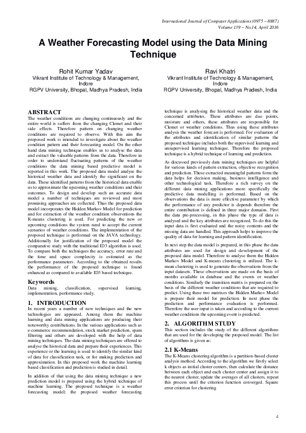 (PDF) A Weather Forecasting Model using the Data Mining Technique