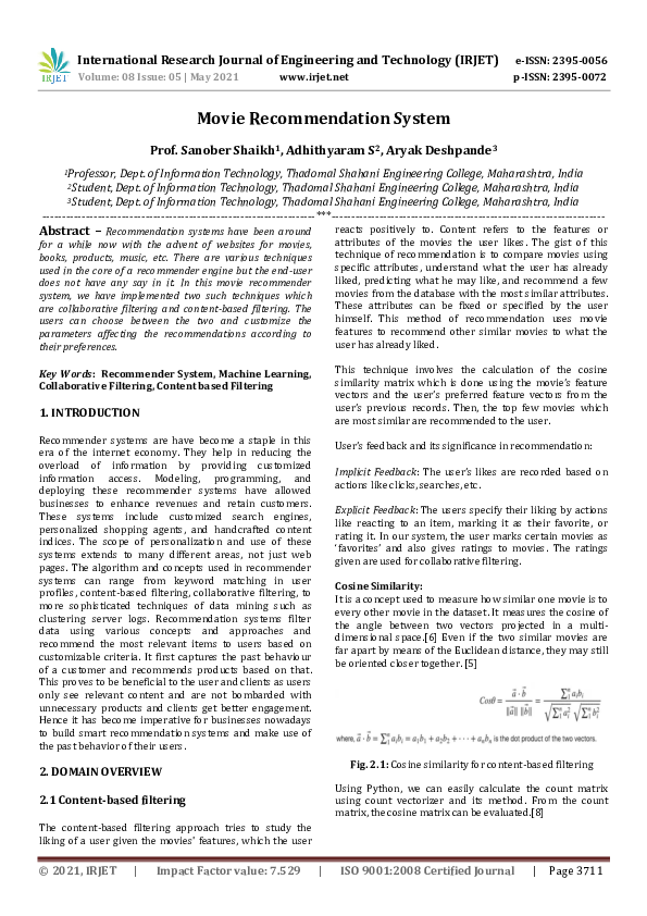 (PDF) IRJET- Movie Recommendation System