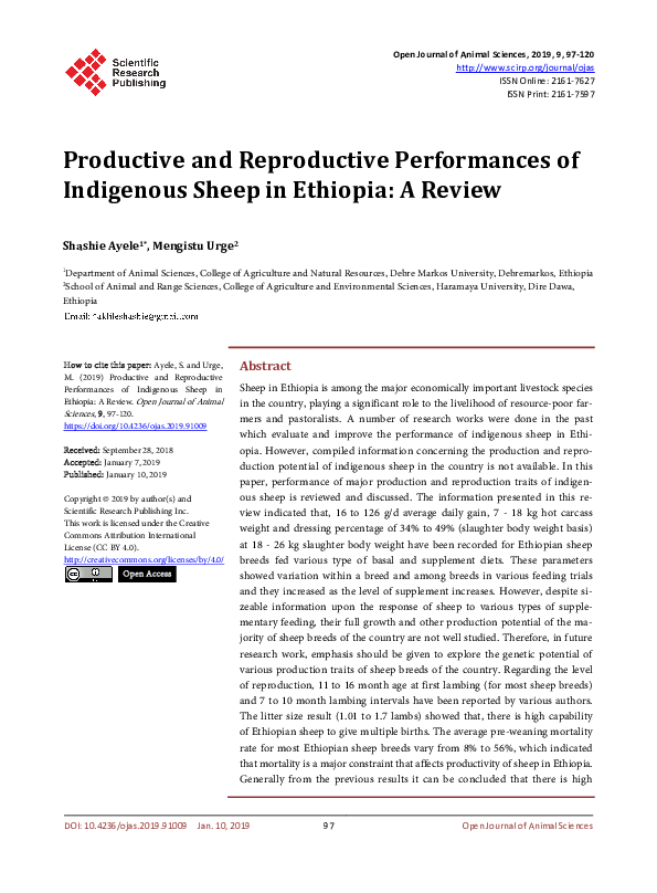 (PDF) Productive and Reproductive Performances of Indigenous Sheep in Ethiopia: A Review
