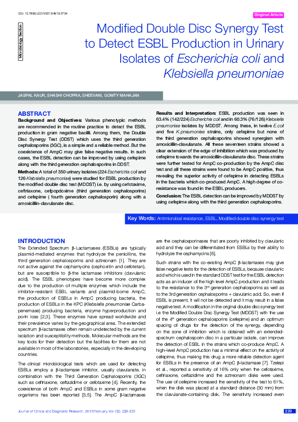 (PDF) Modified Double Disc Synergy Test to Detect ESBL Production in ...