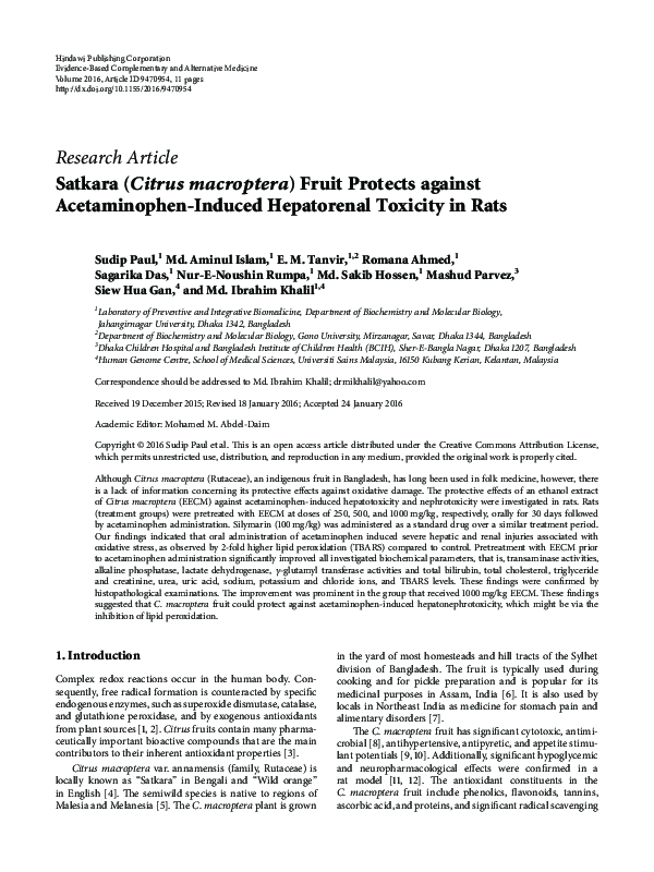 (PDF) Satkara (Citrus macroptera) Fruit Protects against Acetaminophen ...