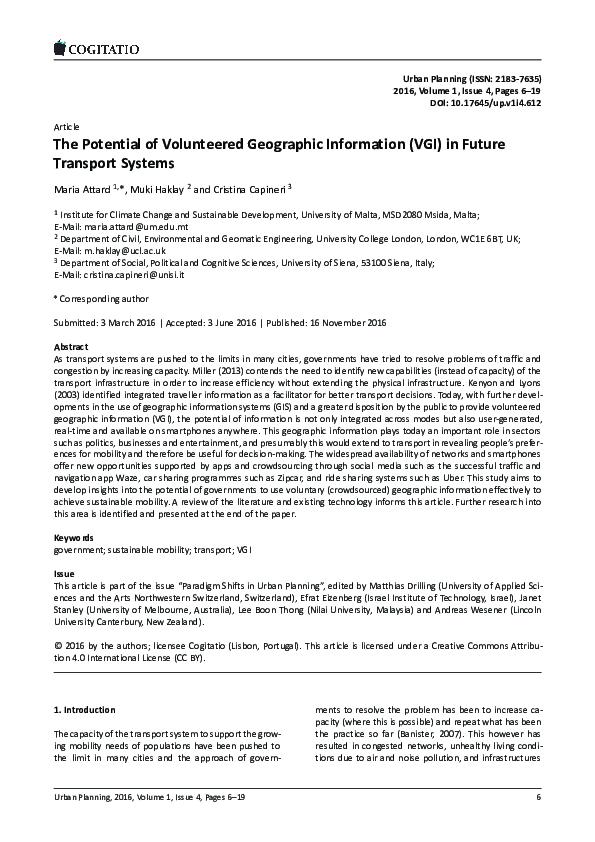 (PDF) The Potential of Volunteered Geographic Information (VGI) in Future Transport Systems