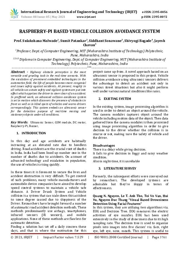 (PDF) IRJET- RASPBERRY-PI BASED VEHICLE COLLISION AVOIDANCE SYSTEM (PDF) IRJET- RASPBERRY-PI BASED VEHICLE COLLISION AVOIDANCE SYSTEM
