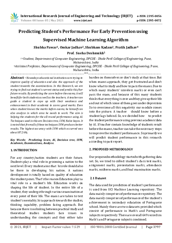 (PDF) IRJET- Predicting Student's Performance For Early Prevention using Supervised Machine ...