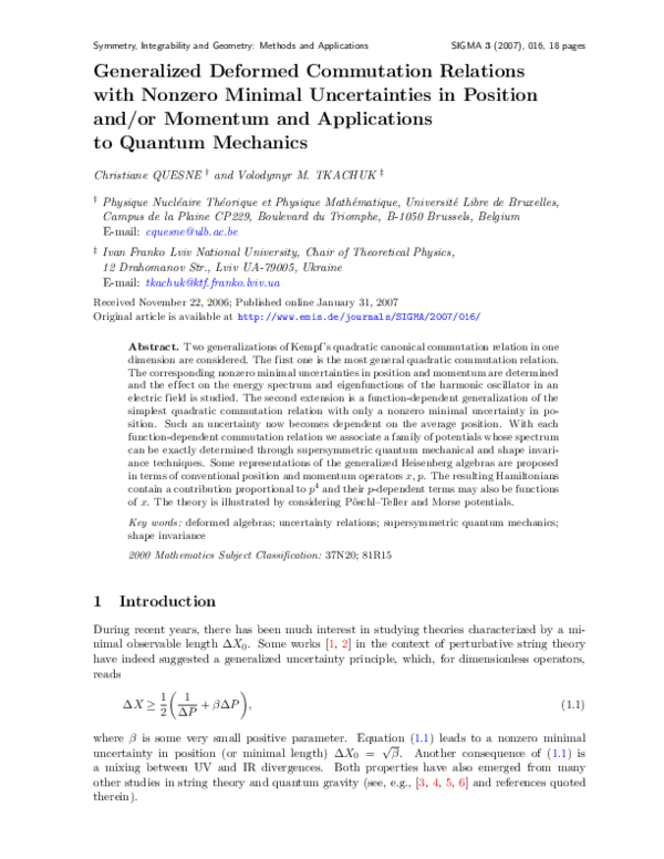 (PDF) Generalized Deformed Commutation Relations with Nonzero Minimal ...