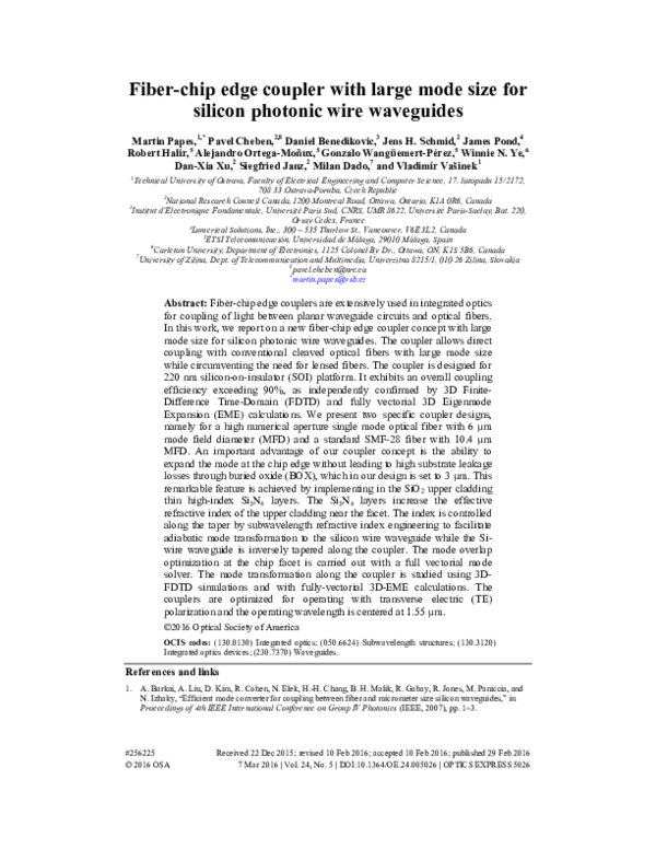 (PDF) Fiber-chip edge coupler with large mode size for silicon photonic ...