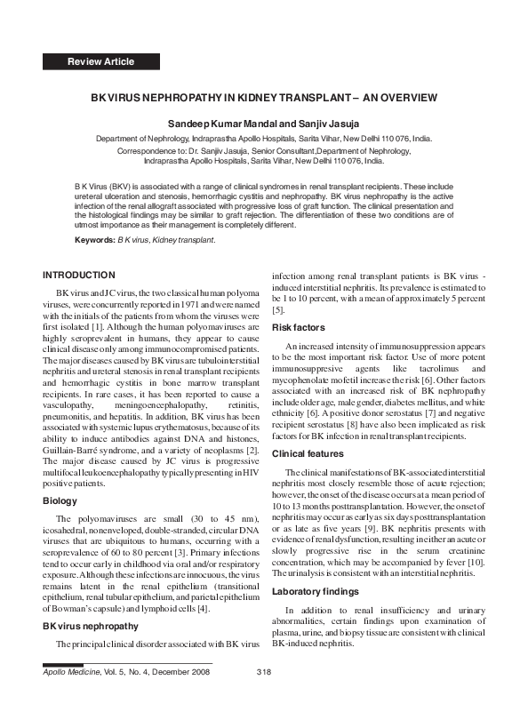 (PDF) BK Virus Nephropathy in Kidney Transplant – an Overview