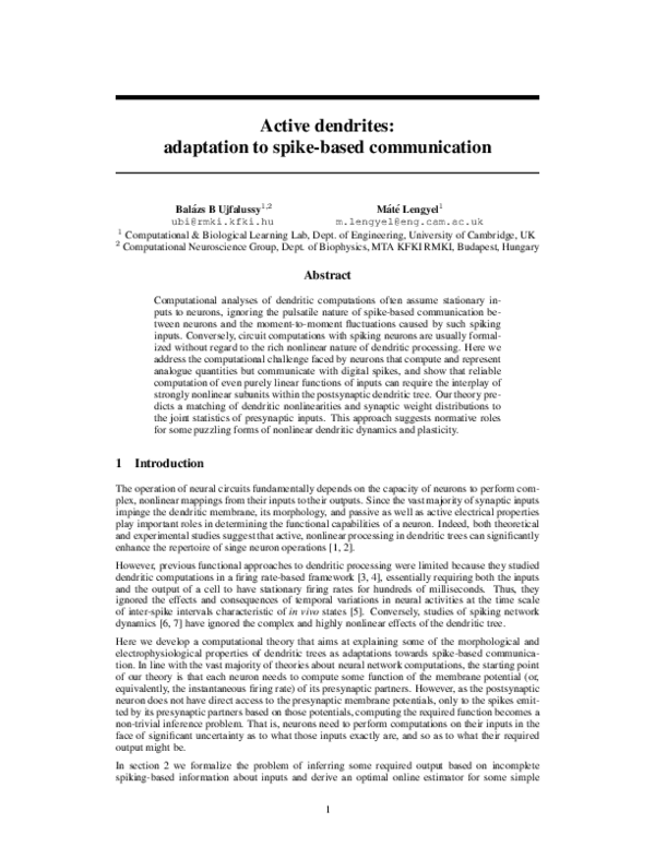 Pdf Active Dendrites Adaptation To Spike Based Communication Balazs Ujfalussy