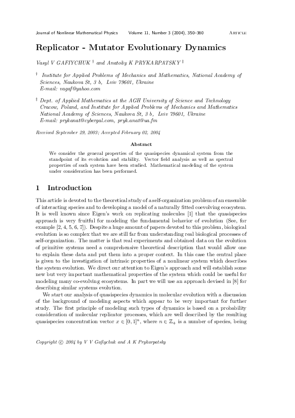 (PDF) Replicator - Mutator Evolutionary Dynamics