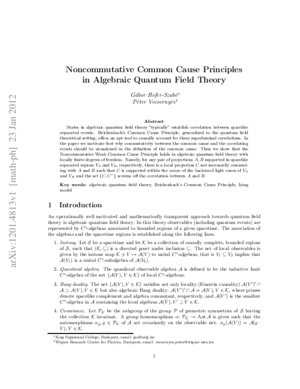(PDF) Noncommutative Common Cause Principles in algebraic quantum field ...