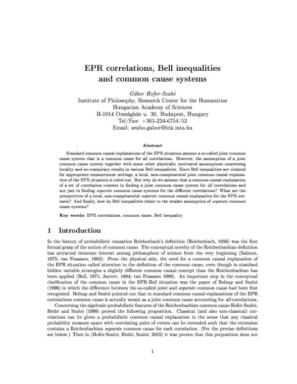 (PDF) Epr Correlations, Bell Inequalities and Common Cause Systems