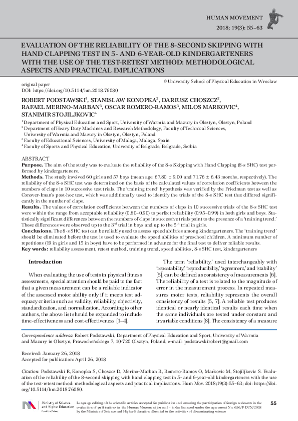 (PDF) Evaluation of the reliability of the 8-Second Skipping with Hand ...