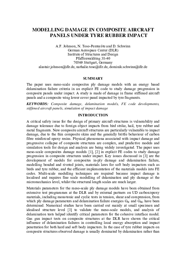 (PDF) Modelling damage in composite aircraft panels under tyre rubber ...