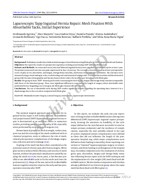 (PDF) Laparoscopic Tapp Inguinal Hernia Repair: Mesh Fixation With Absorbable Tacks, Initial ...