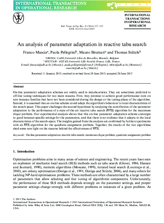 (PDF) An analysis of parameter adaptation in reactive tabu search