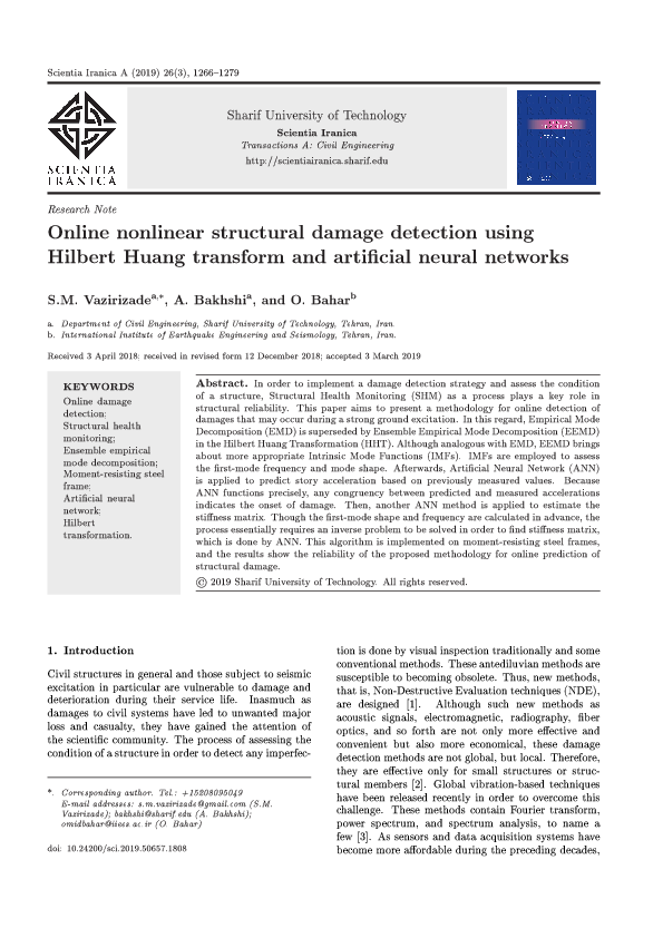 (PDF) Online Nonlinear Structural Damage Detection Using Hilbert Huang Transform and Artificial ...