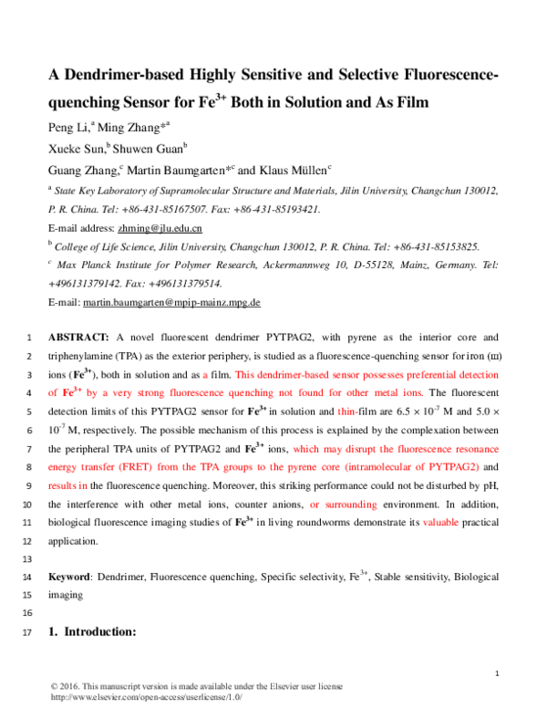 (PDF) A dendrimer-based highly sensitive and selective fluorescence-quenching sensor for Fe(3 ...