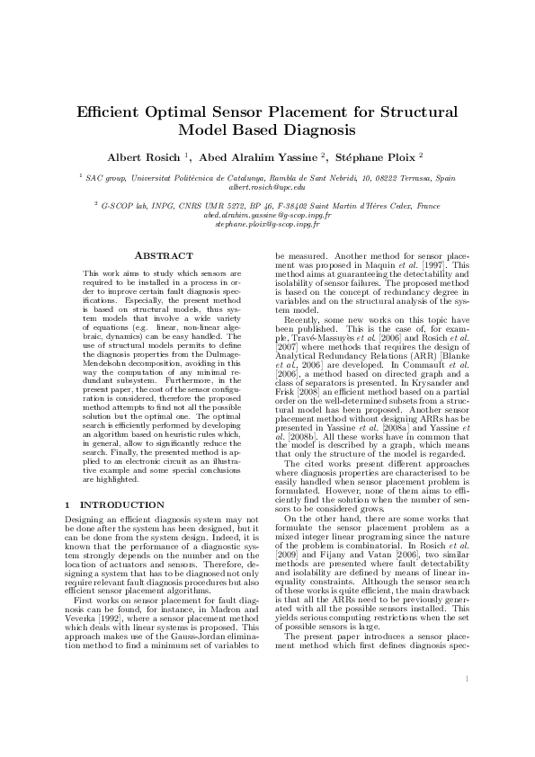(PDF) Efficient Optimal Sensor Placement for Structural Model Based Diagnosis