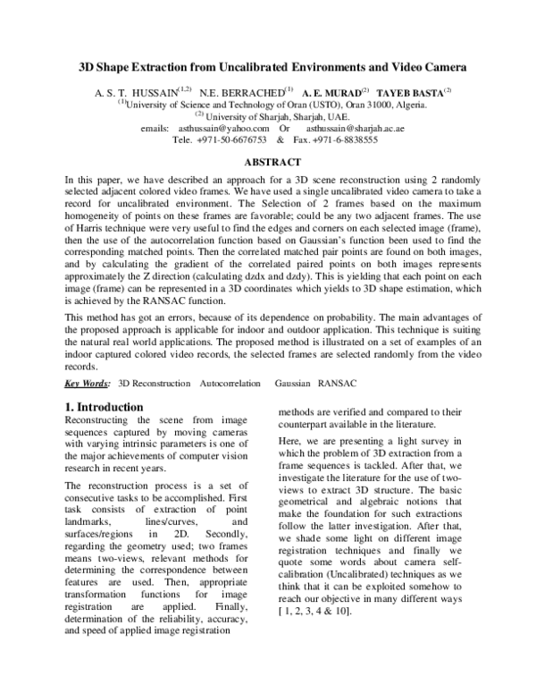 (PDF) 3D Shape Extraction from Uncalibrated Environments and Video Camera