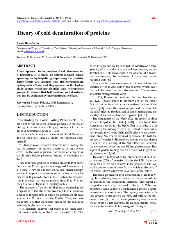 (PDF) Theory of cold denaturation of proteins