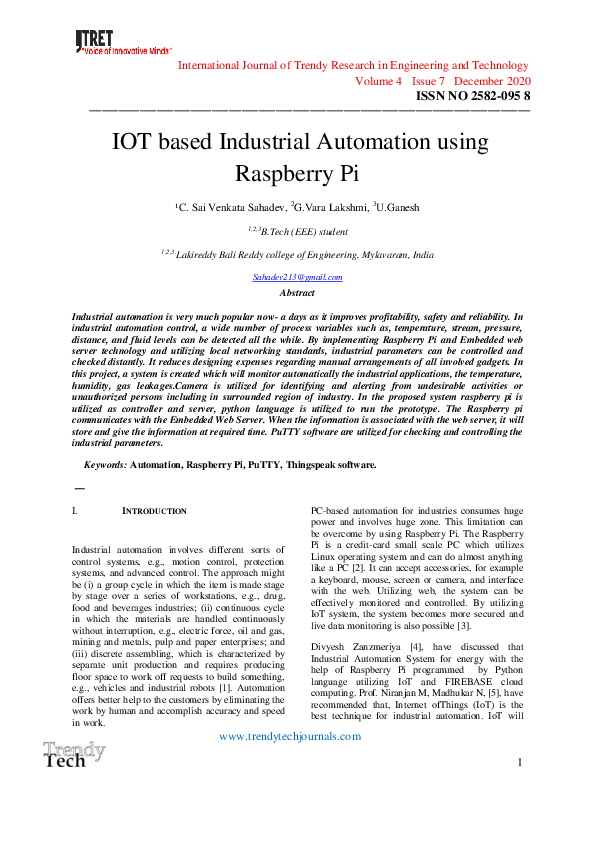 Pdf Iot Based Industrial Automation Using Raspberry Pi