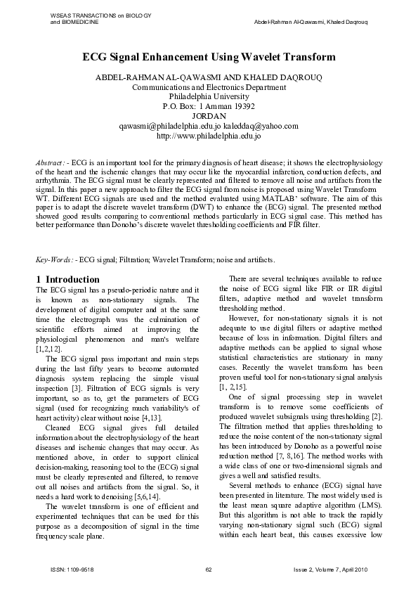 (PDF) ECG signal enhancement using Wavelet Transform