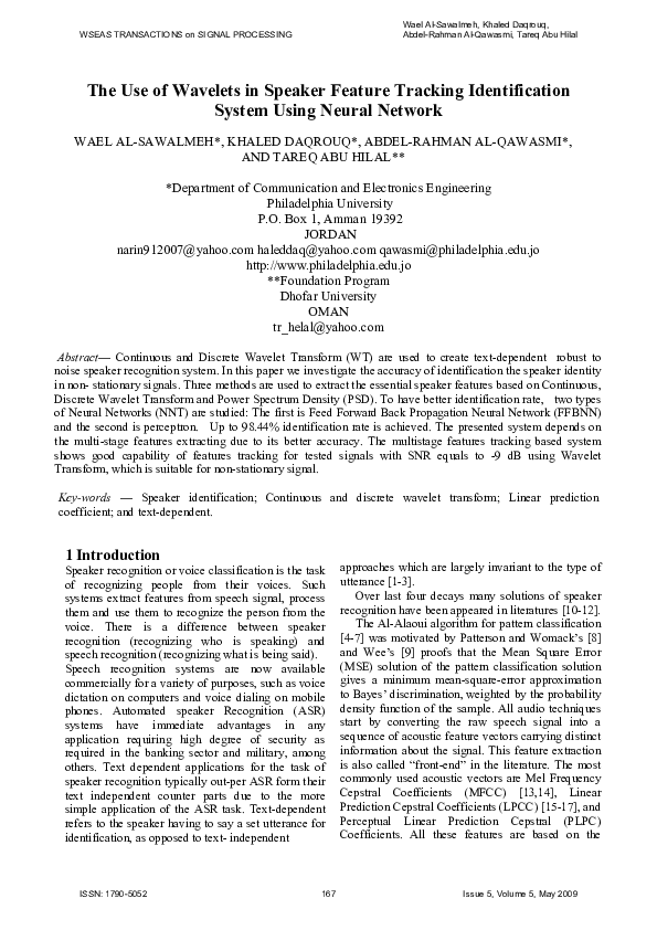 Pdf The Use Of Wavelets In Speaker Feature Tracking Identification