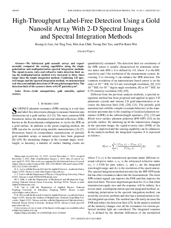 (PDF) High-Throughput Label-Free Detection Using a Gold Nanoslit Array With 2-D Spectral Images ...