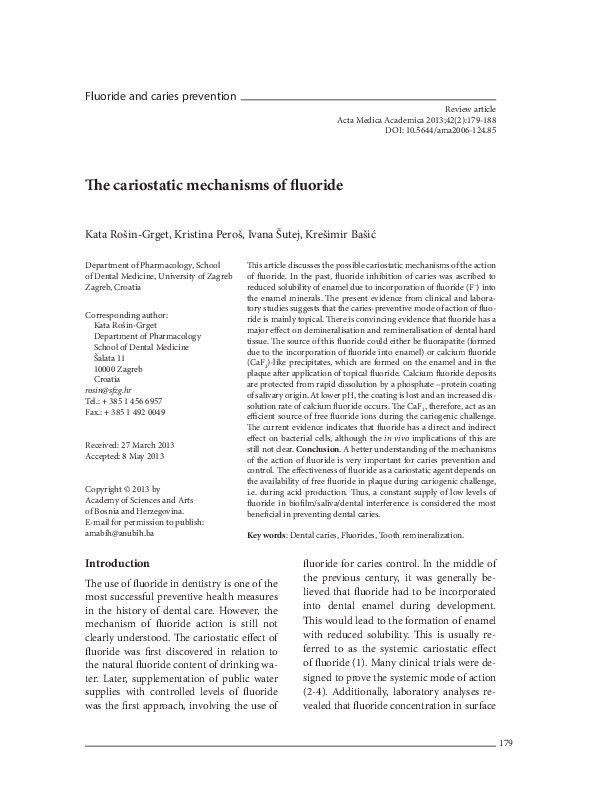(PDF) Cariostatic mechanisms of fluorides