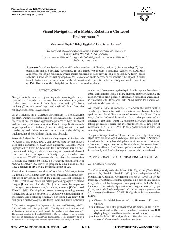 Pdf Visual Navigation Of A Mobile Robot In A Cluttered Environment