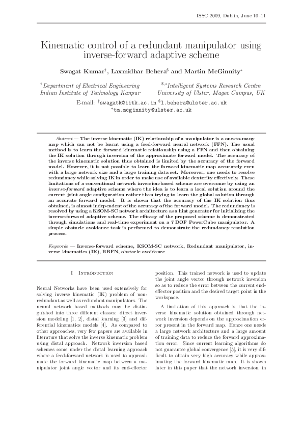 (PDF) Kinematic control of a redundant manipulator using inverse-forward adaptive scheme with a ...