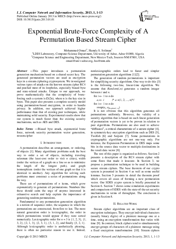 (PDF) Exponential Brute-Force Complexity of A Permutation Based Stream ...