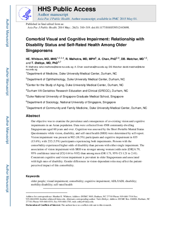 (PDF) Comorbid Visual and Cognitive Impairment: Relationship With Disability Status and Self ...