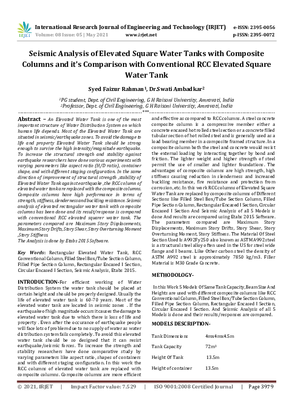 (PDF) IRJET- Seismic Analysis of Elevated Square Water Tanks with Composite Columns and it's ...
