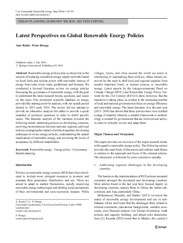 (PDF) Latest Perspectives on Global Renewable Energy Policies