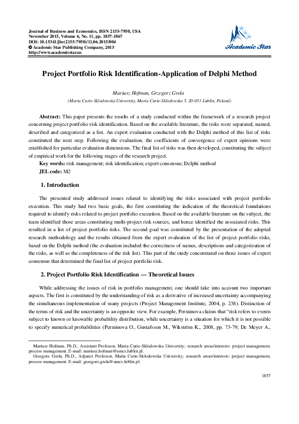 (PDF) Project Portfolio Risk Identification-Application of Delphi Method