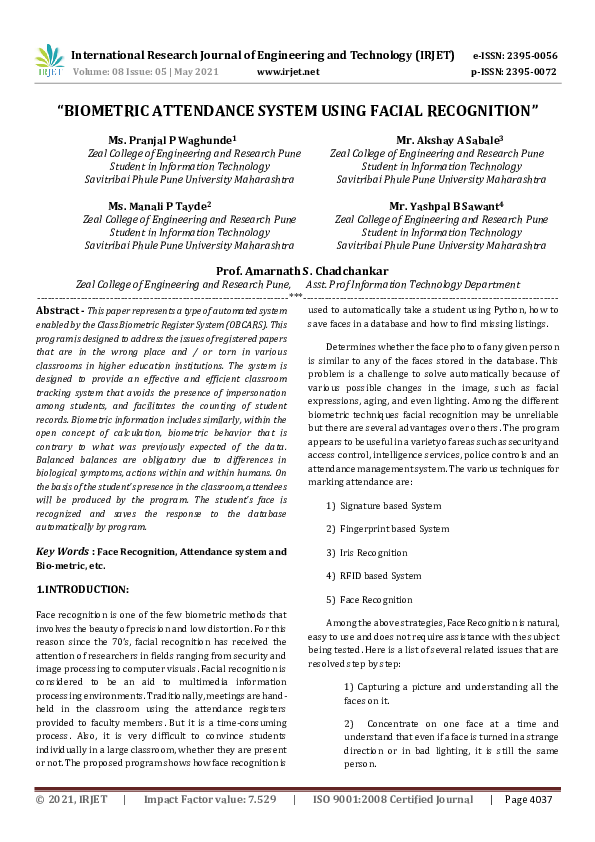 (PDF) IRJET- "BIOMETRIC ATTENDANCE SYSTEM USING FACIAL RECOGNITION"