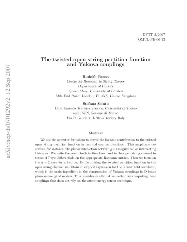 (PDF) The twisted open string partition function and Yukawa couplings