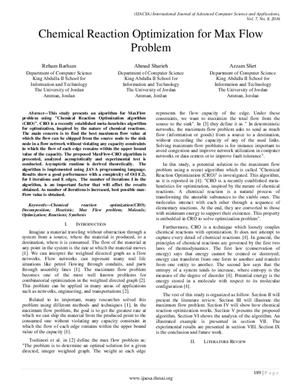 (PDF) Chemical Reaction Optimization for Max Flow Problem