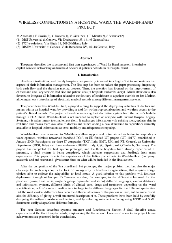(PDF) Wireless Connections in a Hospital Ward: The Ward-In-Hand Project