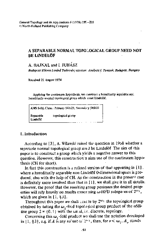 (PDF) A separable normal topological group need not be Lindelöf | István Juhász - Academia.edu