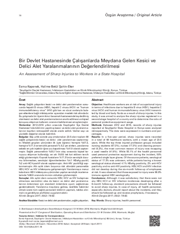 (PDF) An Assessment of Sharp Injuries to Workers in a State Hospital