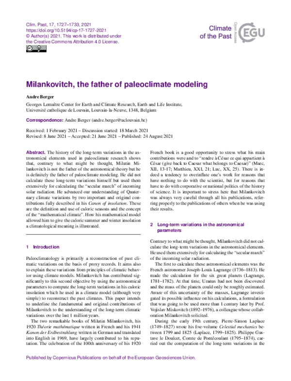 (PDF) Milankovitch, the father of paleoclimate modeling