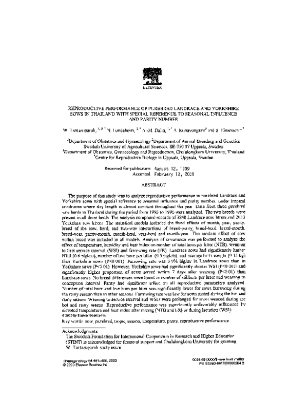 (PDF) Reproductive performance of purebred Landrace and Yorkshire sows in Thailand with special ...
