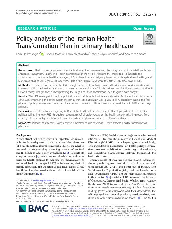 (PDF) Policy analysis of the Iranian Health Transformation Plan in ...