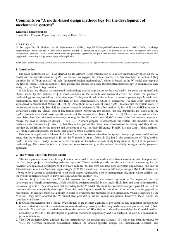 (PDF) Comments on “A model-based design methodology for the development of mechatronic systems”