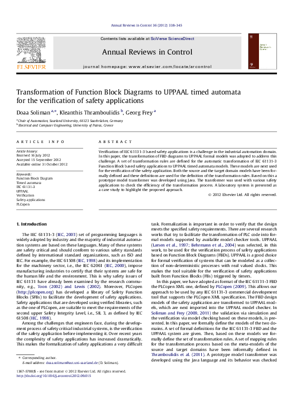 Pdf Transformation Of Function Block Diagrams To Uppaal Timed Automata For The Verification Of