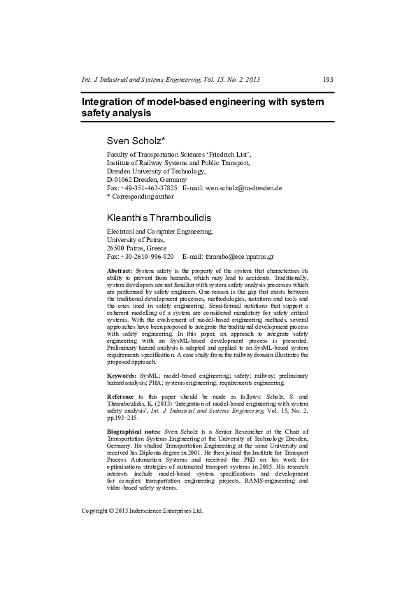(PDF) Integrating SysML-based System Modeling with Safety Engineering